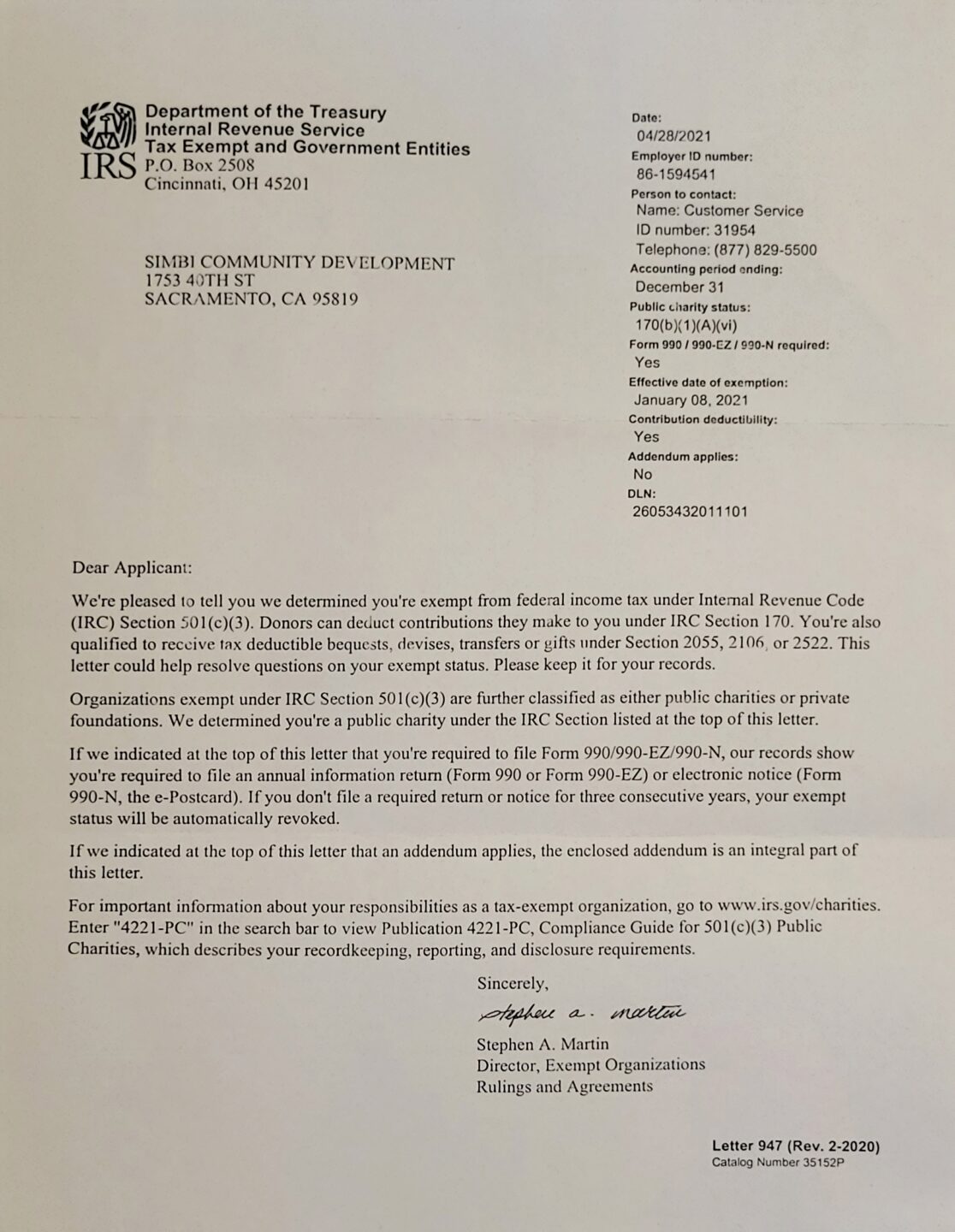 SimbiCD 501c3 IRS Determination Letter - The Simbi Blog